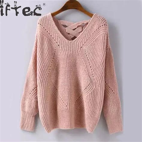Geometric Pattern Knitted Sweater Pink Pullovers Women Hollow Sweaters