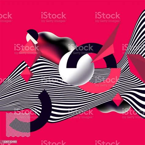 다채로운 유체 그라데이션 모양과 기하학적 요소 액체 디자인 흐르는 추상적 디자인 모양 구성 3d 구와 다각형이있는 잔물결 줄무늬