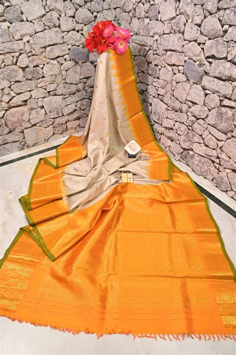 Buy Light Sandal And Mango Color Pure Gadwal Silk Saree With Golden