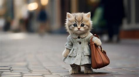 Premium Ai Image A Tiny Kitten Wearing Human Clothes Wearing A Cute Dress And Holding Shopping