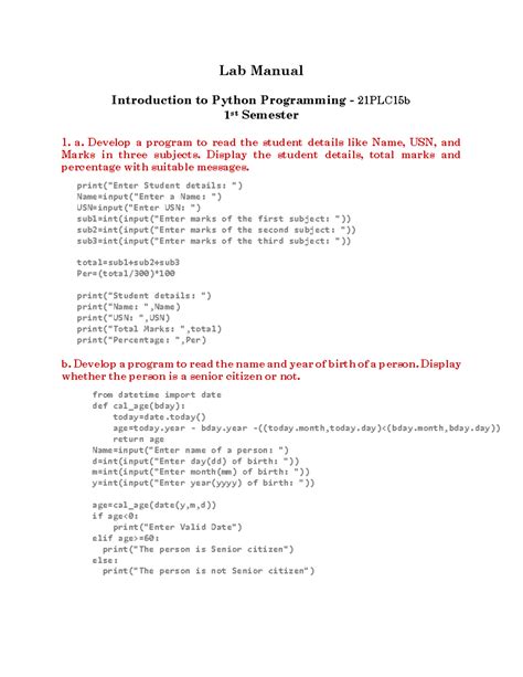Python 1st Year Lab Manual 21plc15b Programming Exercises Studocu