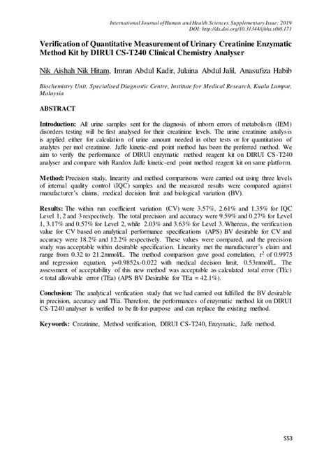 Pdf Verification Of Quantitative Measurement Of Urinary Creatinine Enzymatic Method Kit By