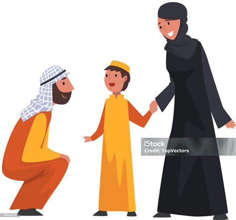 전통적인 옷 무슬림 부모와 아들 벡터 일러스트 레이 션에서 행복 한 아랍 가족 가족에 대한 스톡 벡터 아트 및 기타 이미지 가족 국가 관광명소 남성 Istock