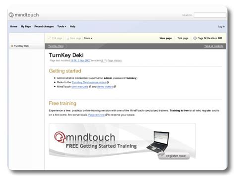mindtouch core deki welcome page turnkey gnu linux