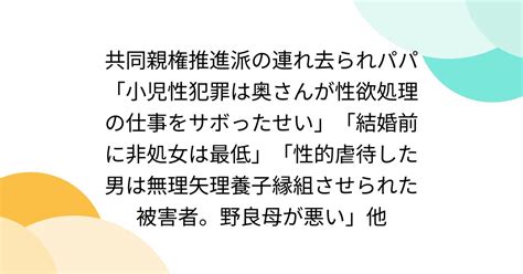 共同親権推進派の連れ去られパパ「小児性犯罪は奥さんが性欲処理の仕事をサボったせい」「結婚前に非処女は最低」「性的虐待した男は無理矢理養子縁組さ