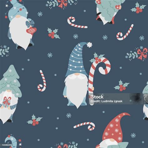 새해 겨우살이와 눈송이가있는 푸른 배경에 캐러멜 스틱 선물 크리스마스 트리 및 공이있는 귀여운 만화 그놈이있는 크리스마스 완벽한