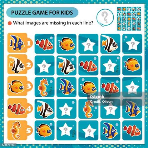 스도쿠 퍼즐 각 줄에 누락된 이미지는 무엇입니까 수족관 물고기 흰개미 붕어 천사 해마 아이들을위한 논리 퍼즐 아이들을위한 교육 게임 학생들을 위한 워크시트 벡터 디자인 해마