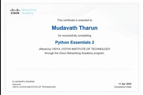Python Cisconetworkingacademy Vidyajyothiinstituteoftechnology Mudavath Tharunnayak