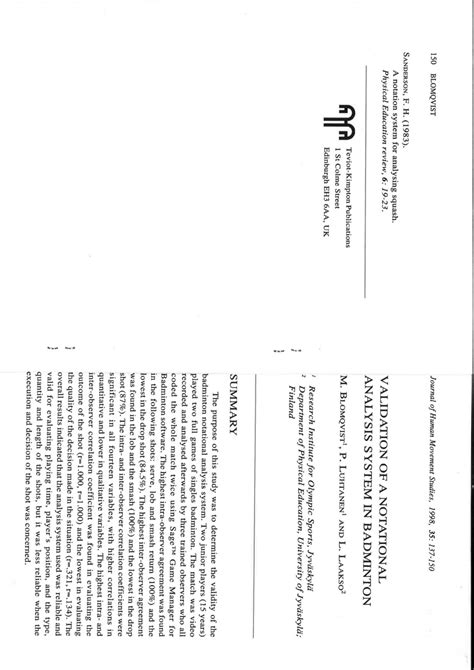 Pdf Validation Of A Notational Analysis System In Badminton