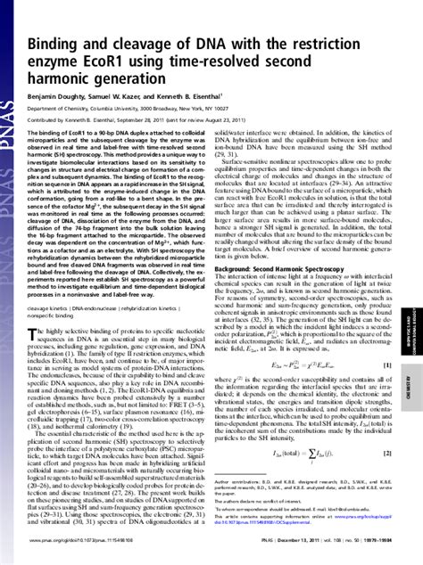 Pdf Binding And Cleavage Of Dna With The Restriction Enzyme Ecor1 Using Time Resolved Second