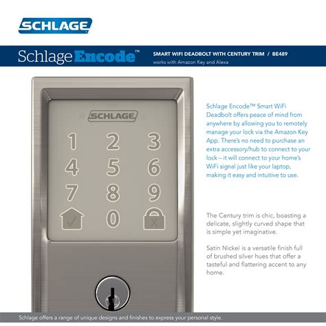 Schlage Encode Century Satin Nickel Smart Lock Electronic Deadbolt With