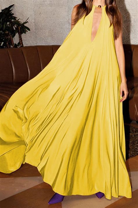 Wholesale Yellow Sexy Casual Solid Hollowed Out O Neck Dresses K79668 2