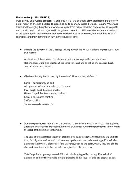 Assignment Primary Text Analysis Empedocles C Bce I Will Tell You Of A Twofold