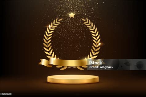 월계관 리본 별 반짝이는 반짝이 및 어두운 배경에 격리된 반짝임이 있는 금상 라운드 연단 승리 성취 성공 우승자의 보상의 벡터