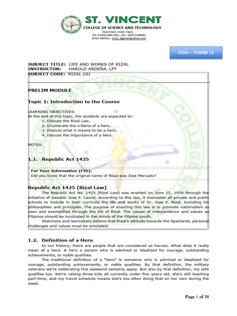 Ardena Rizal 101 Midterm Module Pdf Philippines