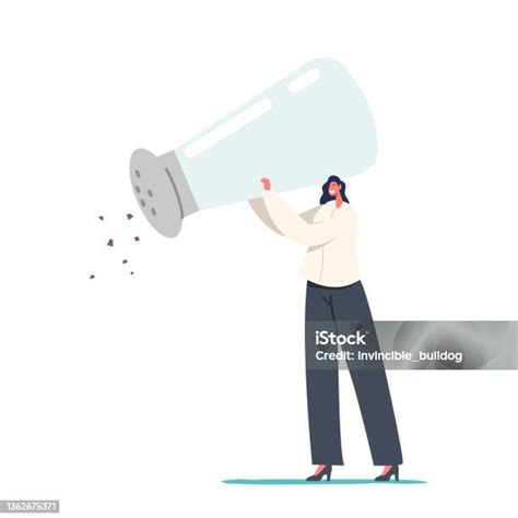 요리와 향신료 개념 흰 배경에 고립 된 거대한 소금이나 후추 셰이커를 들고있는 작은 여자 소금 쉐이커에 대한 스톡 벡터 아트 및 기타 이미지 소금 쉐이커 소금