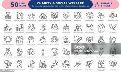 자선 및 사회 복지 아이콘 세트입니다 자선 기부 비영리 단체 자원 봉사 기부 지역 사회 지원 인도주의적 지원 및 글로벌 구호를 위한 가는 선 편집 가능한 획 아이콘 아이콘에