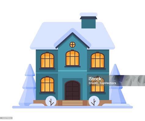 귀여운 눈 덮인 집 빛나는 윈도우 벡터 일러스트와 2 층 코티지 건물 0명에 대한 스톡 벡터 아트 및 기타 이미지 0명