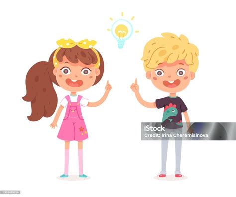 소년과 소녀는 생각 브레인 스토밍 머리 위에 전구 기호가있습니다 어린이 제스처 감정 기분의 유형의 벡터 문자 그림 아이에 대한