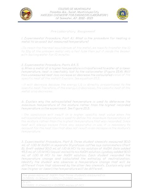 Pre Laboratory Assignment Exp 3 Pdf Mole Unit Heat
