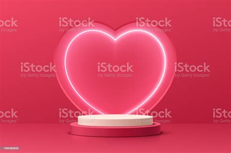 사실적인 빨간색 3d 실린더 받침대 연단에 조명 램프 하트 모양 배경 발렌타인 미니멀 씬 용 제품 쇼케이스 프로모션 디스플레이 벡터 추상 스튜디오 룸 플랫폼 디자인 하트