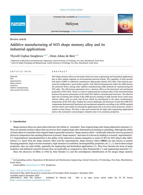 Pdf Additive Manufacturing Of Niti Shape Memory Alloy And Its Industrial Applications