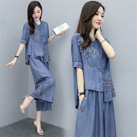 牛仔套裝夏裝2023年新款女裝韓版寬鬆減齡復古港味寬褲兩件套潮 蝦皮購物