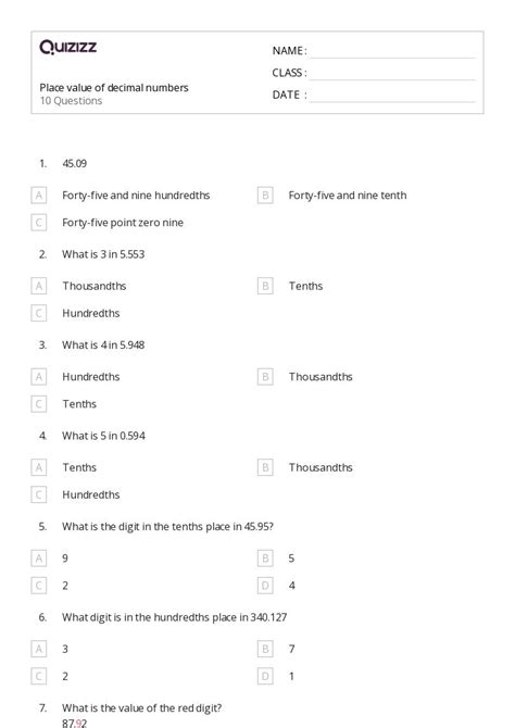 Decimals Worksheets For Class On Quizizz Free Printable
