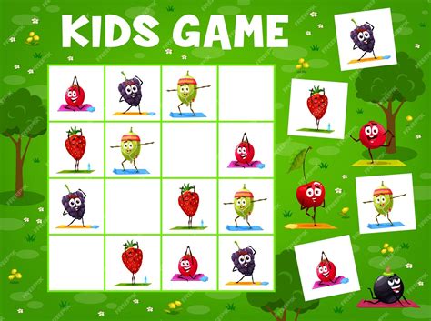 Игра судоку с мультяшными ягодными персонажами на йоге Премиум векторы