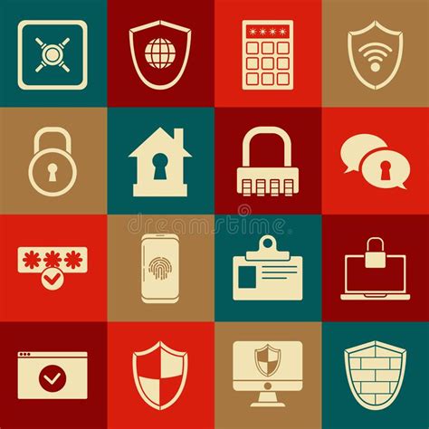 Set Shield With Cyber Security Brick Wall Laptop And Lock Protection