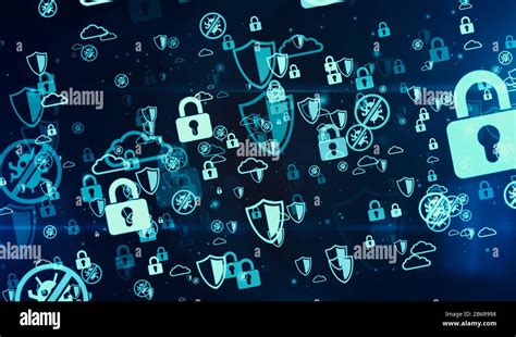 Cyber Security Computer Protection And Digital Safety Flying Symbols