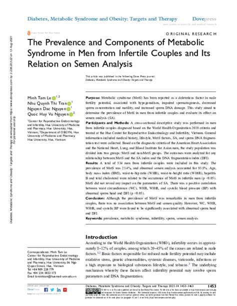 Pdf The Prevalence And Components Of Metabolic Syndrome In Men From Infertile Couples And Its