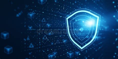 Creative Wide Perspective Glowing Shield Hologram On Blue Background With Various Blurry Icons