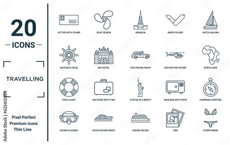Travelling Linear Icon Set Includes Thin Line Letter With Stamp