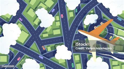 도시 위를 비행하는 비행기의 평면도입니다 교통 교류 주택 움직이는 자동차와 함께 메가 폴리스 상공의 비행기 여행 벡터 일러스트 레이 션 바로 위에 대한 스톡 벡터 아트 및