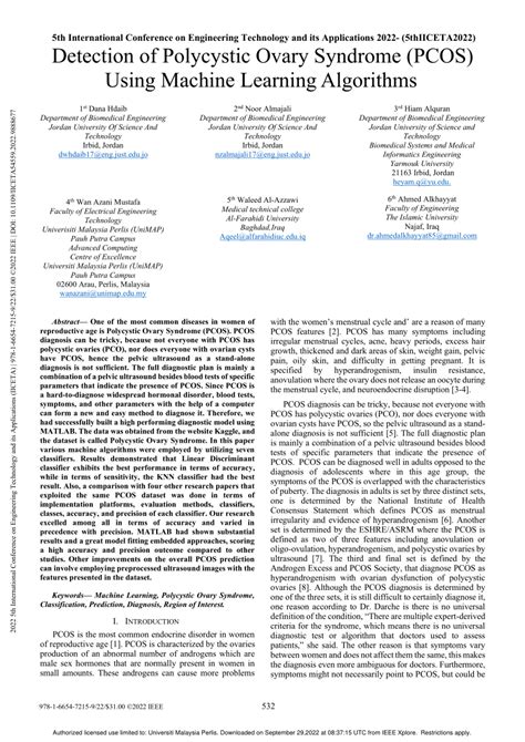 PDF Detection Of Polycystic Ovary Syndrome PCOS Using Machine Learning Algorithms