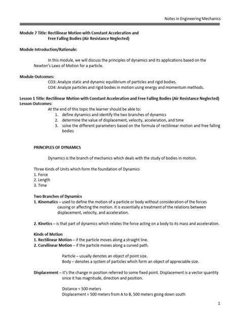 Module 7 Rectilinear Motion And Free Falling Pdf Force Classical