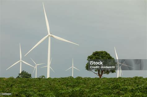 재생 가능 에너지 원 녹색 에너지의 개념 혁신적인 풍력 터빈 지속 가능한 전기 공급원은 지구 환경 보전입니다 생태계를 보존하는 풍력 에너지 기술 0명에 대한 스톡 사진 및