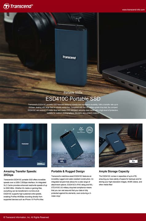 Transcend ESD410C Portable SSD USB C 20Gbps Dark Blue 1TB 2TB 4TB IPX5 Water Resistant