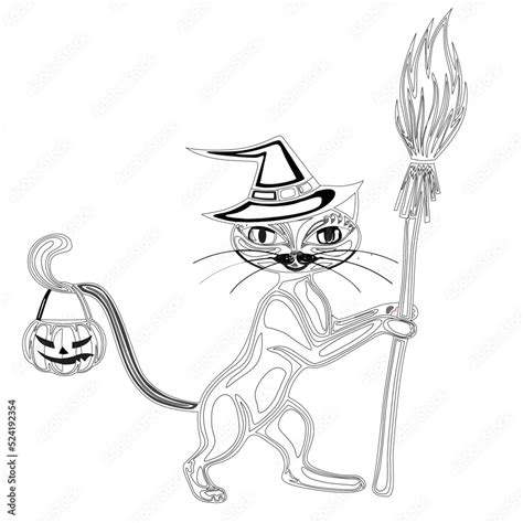 Halloween Witch Flying On Broom Vector Illustration Of A Coloring On A Halloween Funny Cat In