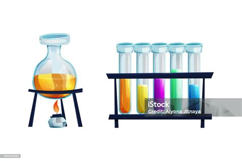 버너가 있는 유리 플라스크 흰색 배경에 고립된 만화 스타일의 액체 화학 연구가 있는 테스트 튜브가 있는 실험실 세트 연금술 연구 실험실 장비 벡터 일러스트레이션 가솔린에
