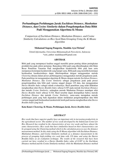 Pdf Perbandingan Perhitungan Jarak Euclidean Distance Manhattan Distance Dan Cosine