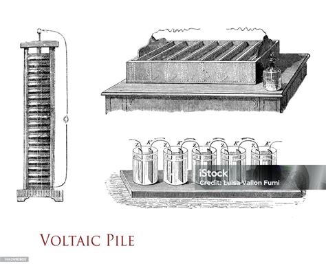 Voltaic 파일 Alessandro Volta가 발명 한 회로에 지속적인 전류를 공급하는 최초의 전기 배터리 빈티지 일러스트레이션 알레산드로 볼타 과학자에 대한 스톡