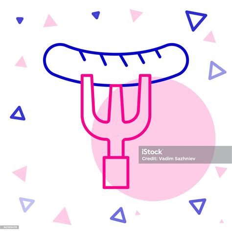 흰색 배경에 격리 된 포크 아이콘에 라인 소시지 구운 소시지와 향기 표지판 다채로운 개요 개념 벡터 핫도그에 대한 스톡 벡터