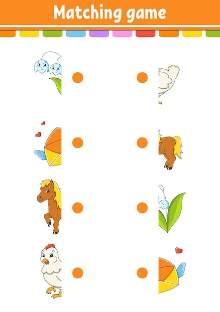 짝 맞추기 게임 선 그리기 교육 워크시트 개발 컬러 그림이 있는 활동 페이지 프리미엄 벡터