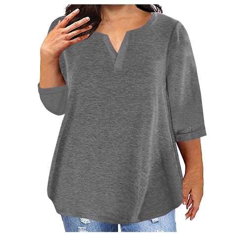 Womens Plus Size Cotton T Shirts 34 Sleeve Tshirts V Neck Loose Fit