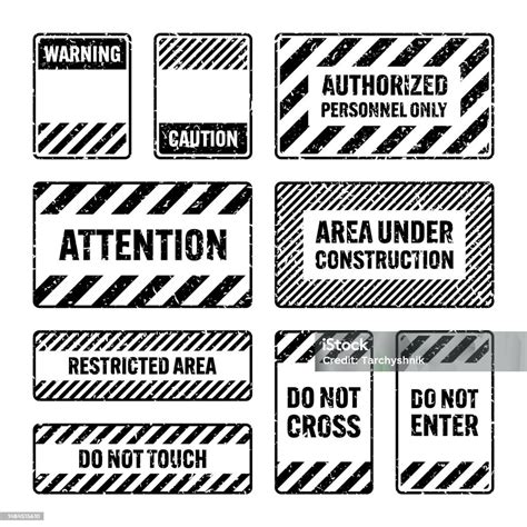 대각선이 있는 다양한 검은색 그런지 경고 표지판 오래된 주의 위험 또는 주의 표지판 건설 현장 표지판 현실적인 통지 간판 경고 배너 도로 방패 벡터 그림 거리에 대한 스톡