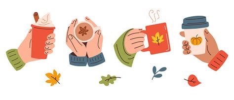 손으로 그린 컬렉션 가을 분위기 세트 호박 스파이스 라떼 계피 카푸치노 머그잔에 담긴 마끼아또 노란 잎의 벡터 삽화를 들고 있는 손 손에 대한 스톡 벡터 아트 및 기타