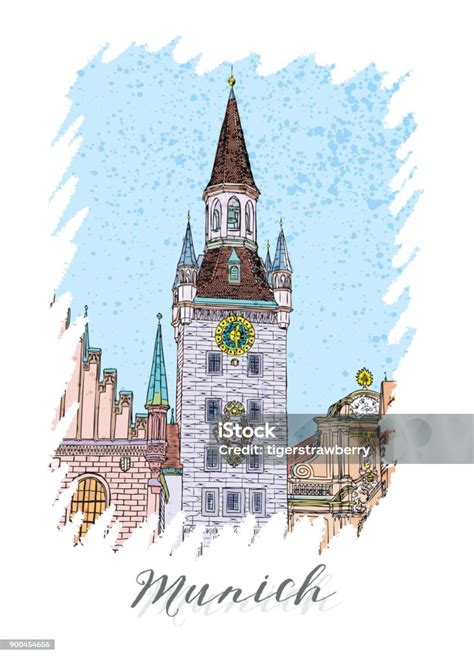 휴가의 손으로 그린 시리즈 초대장 카드 또는 전단지 붓글씨 시 쓰기와 여행 독일 뮌헨 도시 그리기 잉크와 수채화 모방 Grunge 프레임에서 그린 벡터입니다 뮌헨에 대한