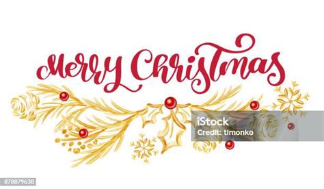 메리 크리스마스 빨간 서 예 문자 텍스트와 빈티지 골드 전나무 나무 가지 벡터 일러스트 레이 션 그리기에 대한 스톡 벡터 아트